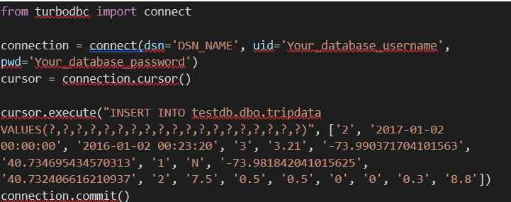 Connecting to ODBC Databases on Windows from Python using Turbodbc Connecting to ODBC Databases on Windows from Python using Turbodbc